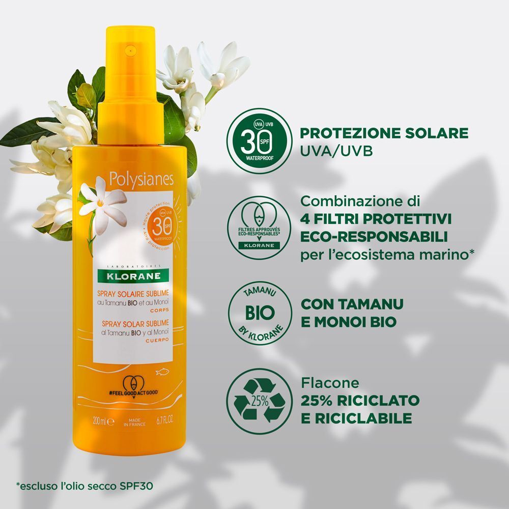 Klorane Spray Solare Sublime con Tamanu BIO e Monoi SPF 30 - Alta ...