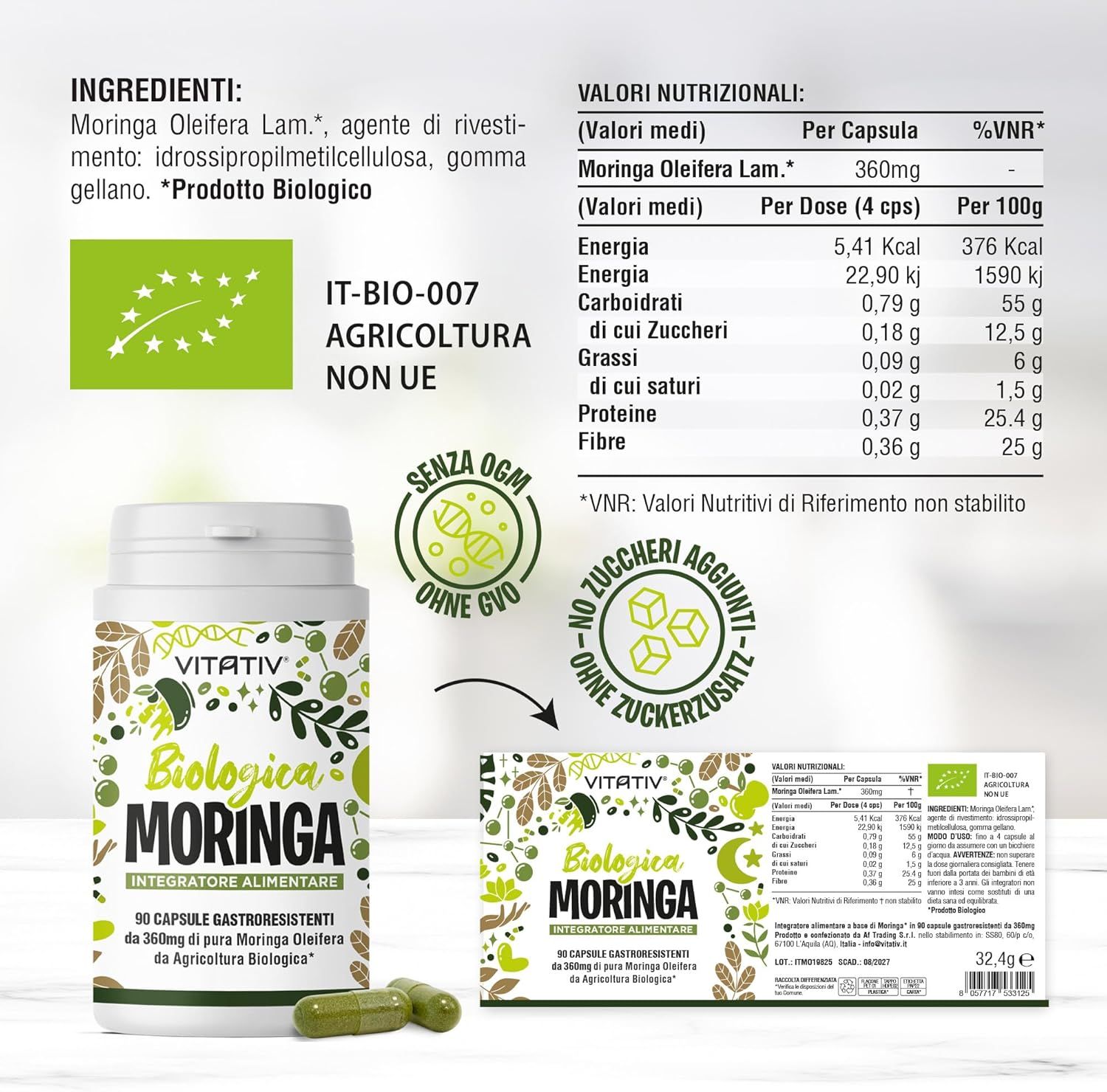 VITATIV® Moringa Oleifera Biologica BIO - 90 Capsule Vegetali da 360 mg ...